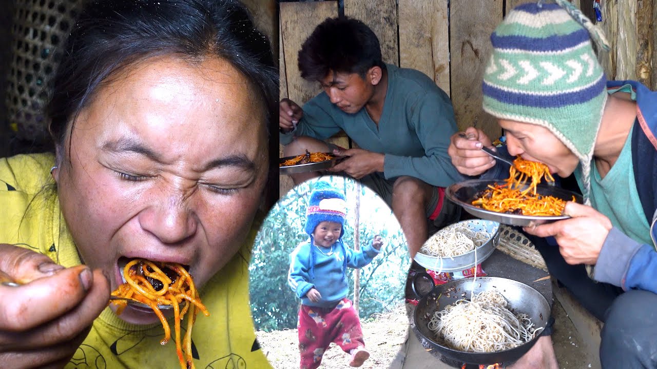 Buff fry noodles ( Buff Chowmein ) in Pastoral Nepal || Nepali village ...