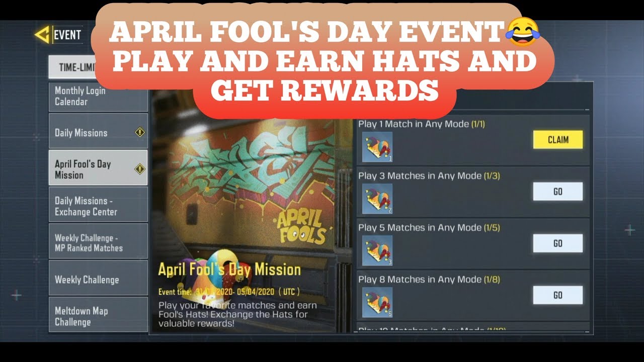 April fool's day event play and earn hats | Call Of Duty Mobile Codm ...