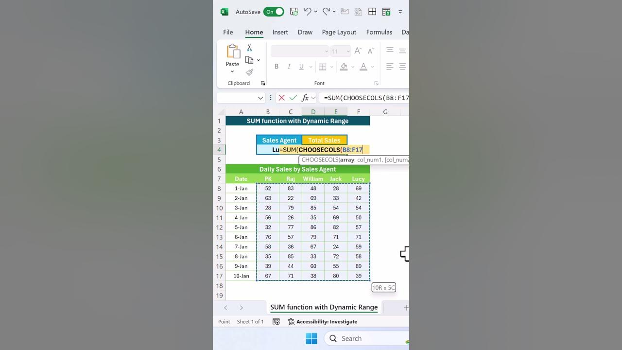 Sum Choosecols Function For Dynamic Total Exceltips Exceltech Excelshorts Youtube