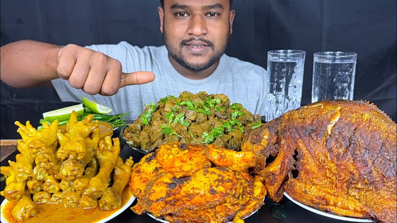 spicy mutton liver curry, full fish fry, chicken feet curry and egg ...