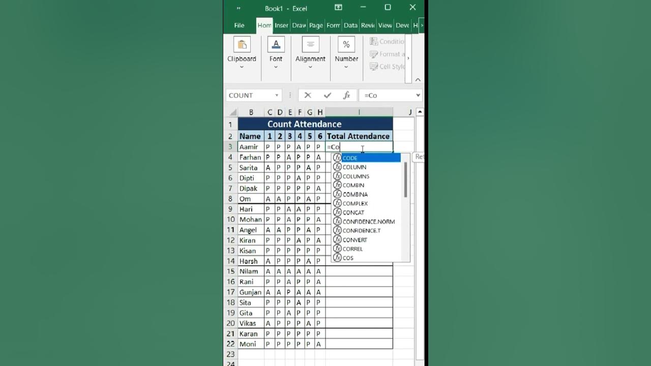 Countif Function In Excel Attendance Count Formula In Excel Shorts Youtube