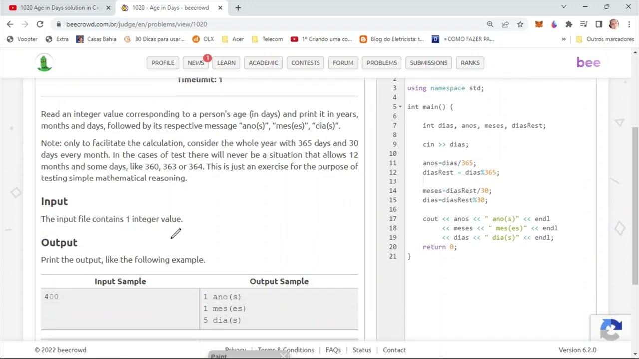 Age in Days | Linguagem C++ | #1020 #beecrowd #cplusplusprogramming - YouTube