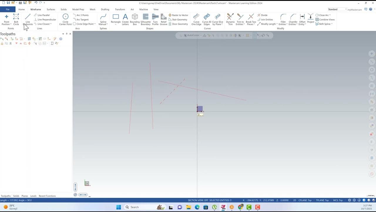 Mastercam Wireframe Line - YouTube