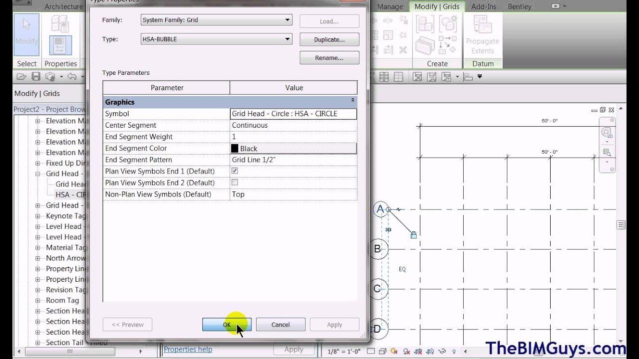 Revit - Customizing Grid Line Symbol and Grid Head Families- CADtechSeminars.com - YouTube