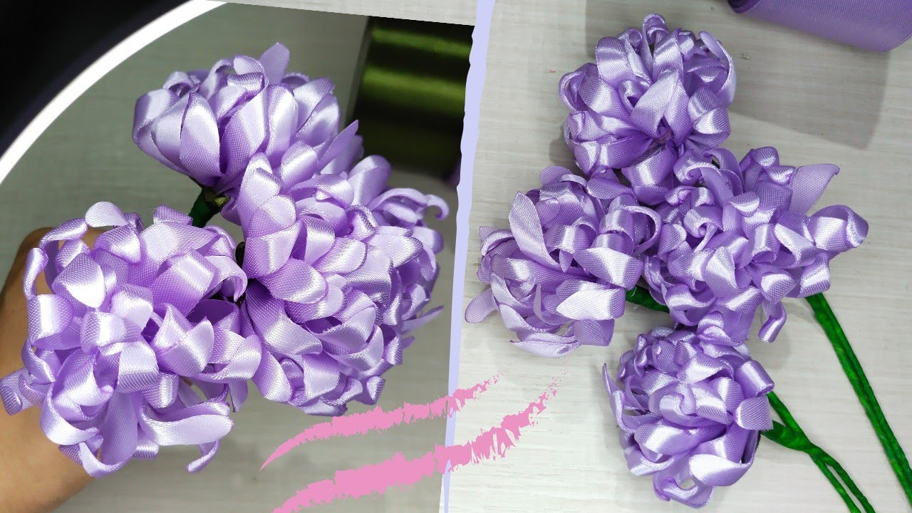 DIY Bunga dari Pita Satin | Bunga Warna Ungu | Easy Ribbon Flower #diy ...