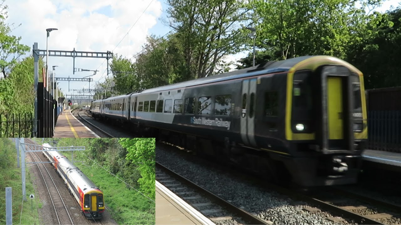 UK: South Western Railway (SWR) Class 158 & 159 DMUs pass Reading West ...