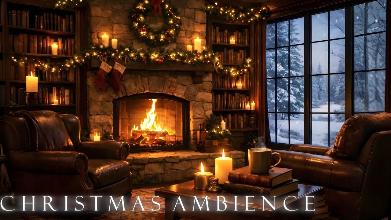 Cozy Christmas Library Ambience Roaring Fireplace Sounds 🔥 ️ 3 Hours 4K ...