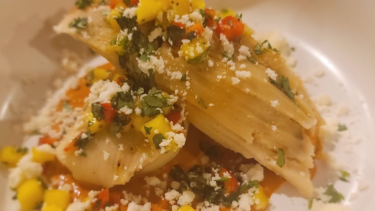 Smoked jerk chicken tamales with ancho crema & scotch bonnet mango ...