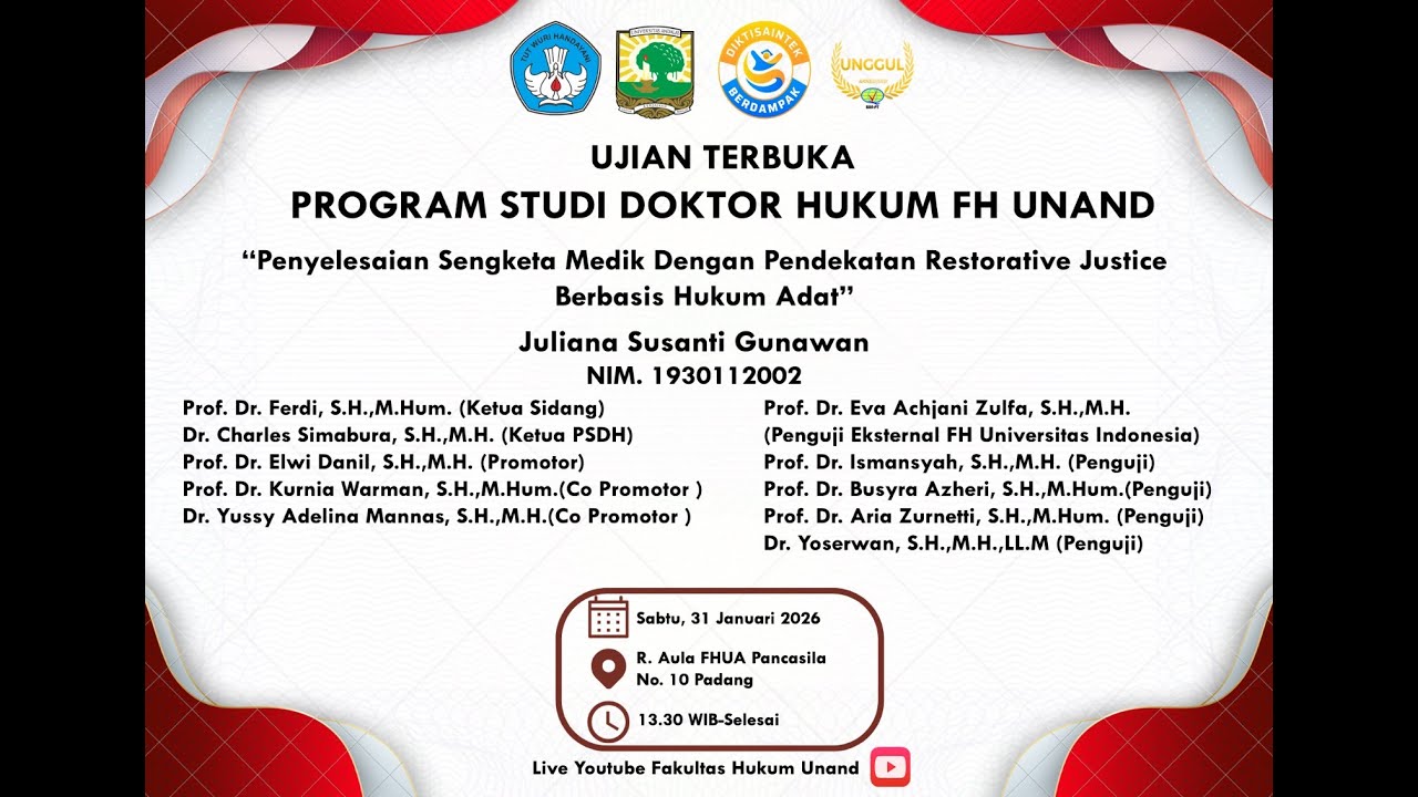 UJIAN TERBUKA PROMOSI DOKTOR HUKUM " JULIANA SUSANTI GUNAWAN " - YouTube