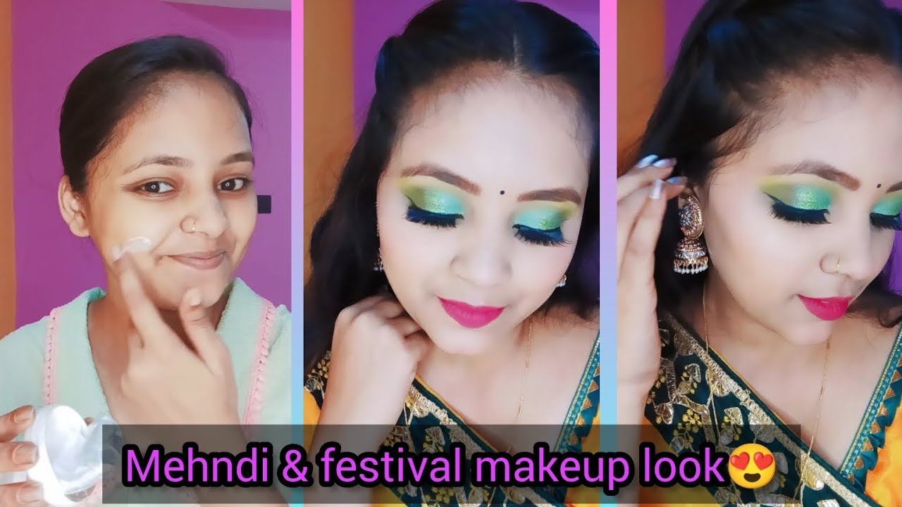 Mehndi & haldi makeup looks Easy makeup step by step simple glitter eye ...