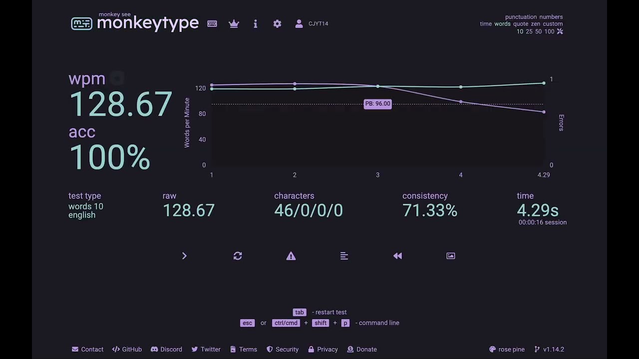 monkeytype 128wpm 100% accuracy - YouTube