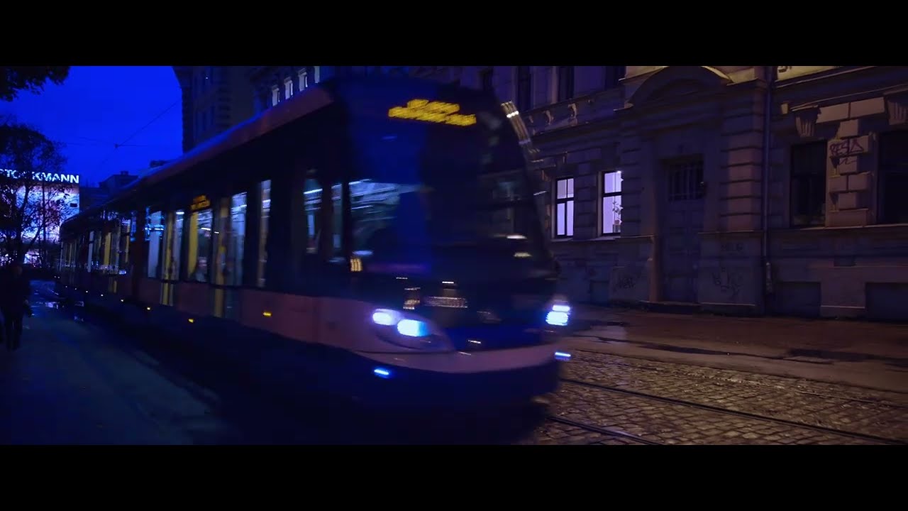 Latvia, Riga, tram 1 night ride from Stacijas laukums to Merķeļa iela ...