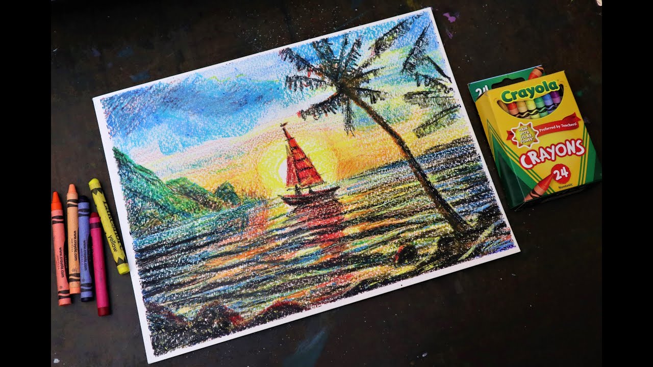 Beautiful Sunset Scenery drawing for Beginners with Wax Crayola Crayons ...