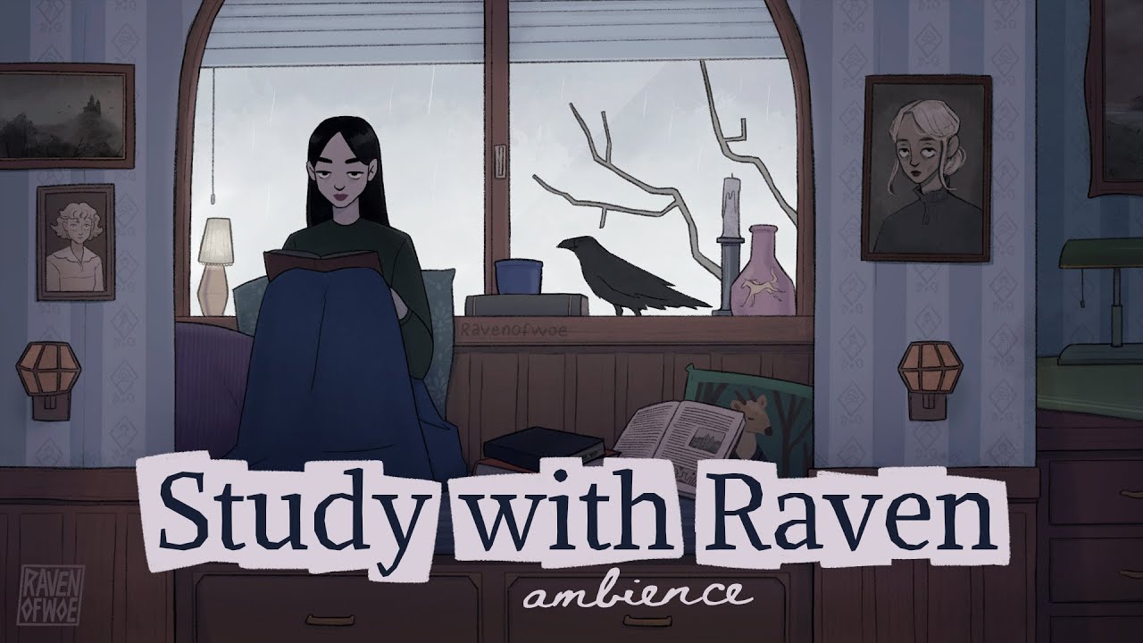 Study with Raven │ animated │ rain ambience, writing, page turning ...