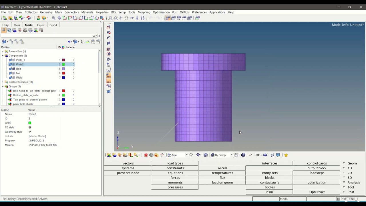 3d bolt pretensioning with external loads in Altair OptiStruct - YouTube