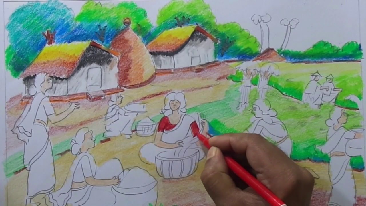 how to draw beautiful landscape/draw late autumn season with color ...