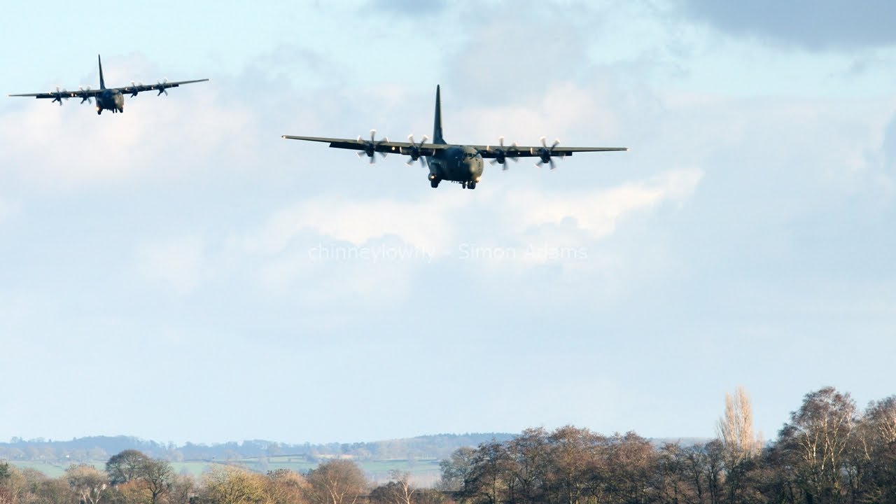 RAF C-130J Hercules pair low approach at Shobdon Airfield - YouTube