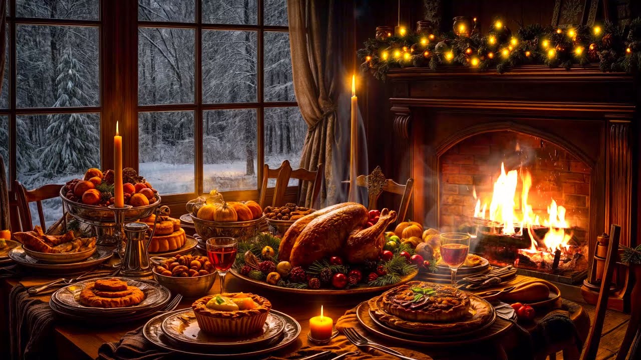Thanksgiving Feast Ambience 🦃 Cozy Dining Room, Crackling Fireplace ...