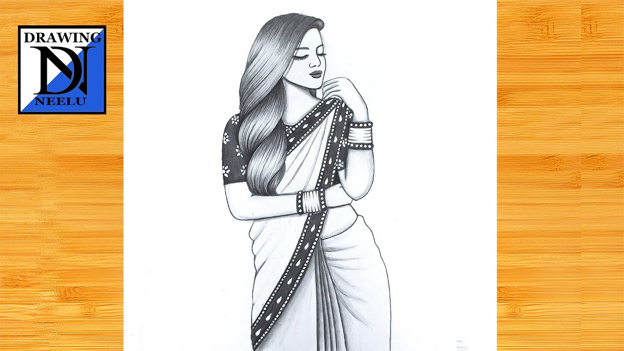 How to draw Traditional Girl wearing Saree || Pencil sketch for ...