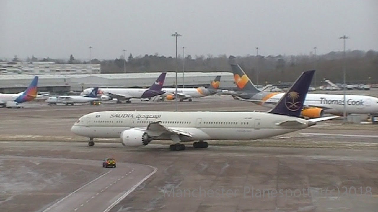 Storm Emma Saudia B787-9 HZ-ARF On SV124 Taking Off At Manchester ...