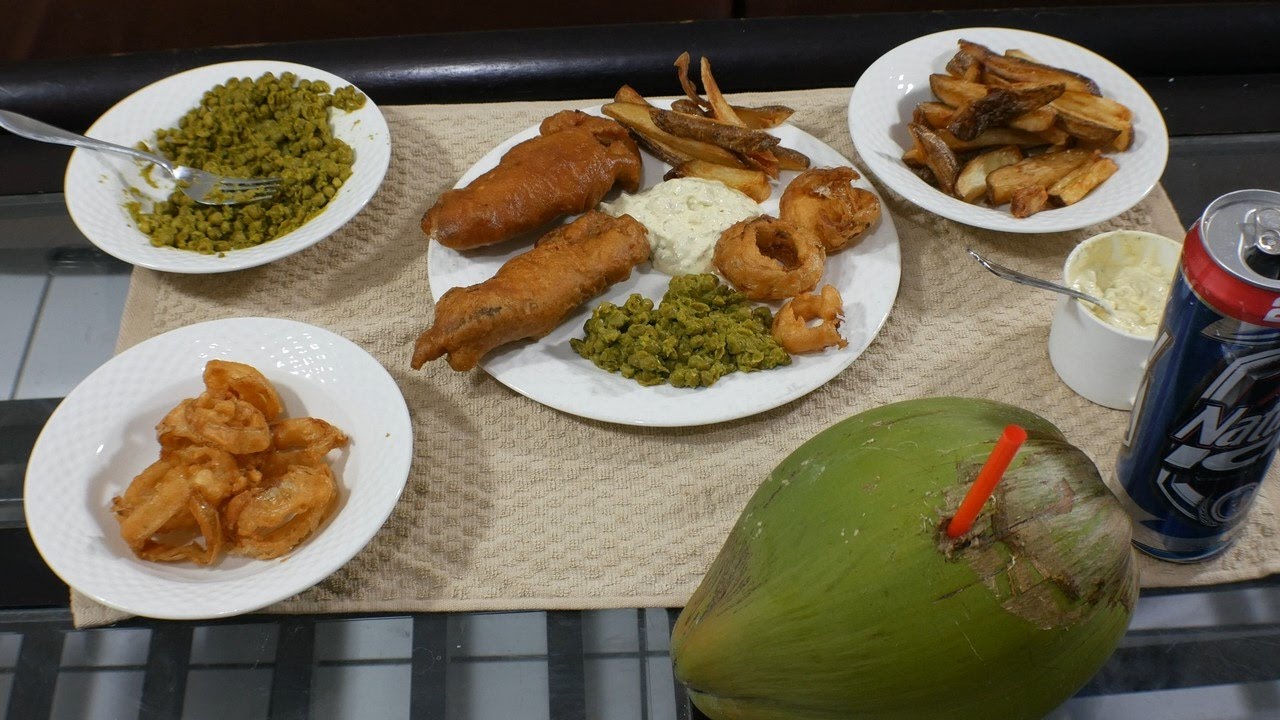 British Beer Battered Fried Fish And Chips And Mushy Peas - YouTube