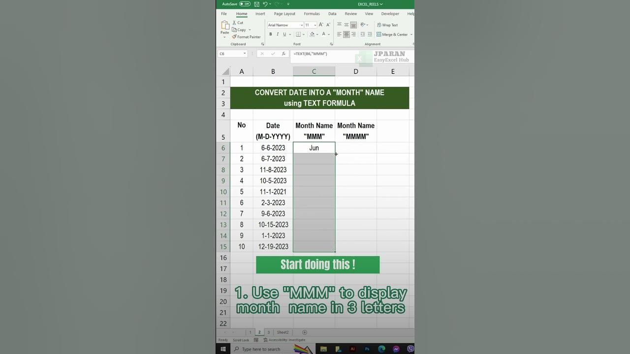 Convert date into a Month Name using Excel TEXT Function - YouTube