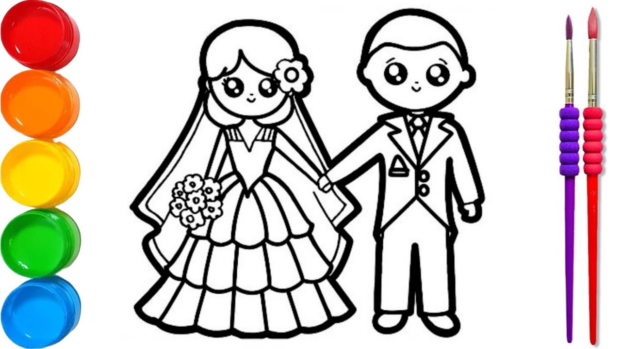 Cute Bride & Groom Drawing Painting Colouring for kids Toddlers | How ...