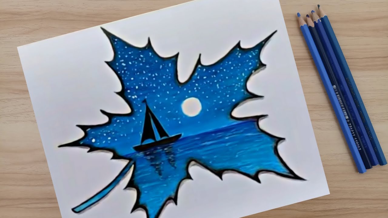 Scenery drawing inside Maple leaf/Pencil colour drawing - YouTube