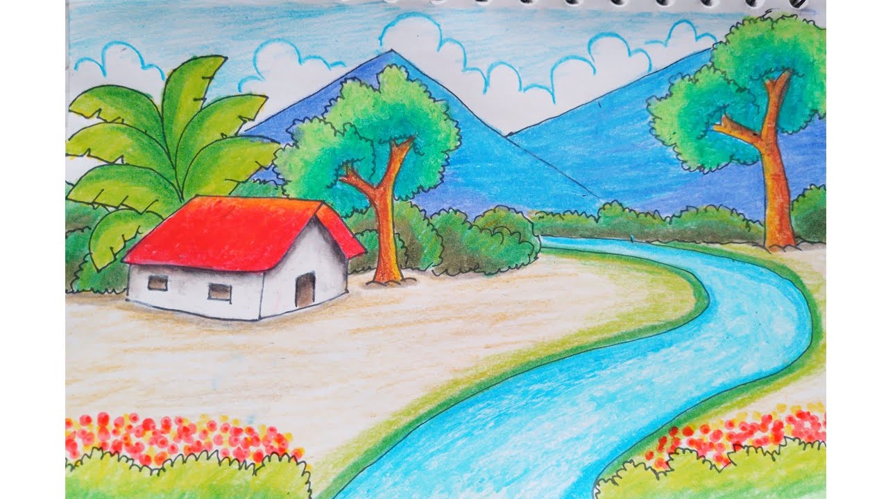 How to draw a simple scenery step-by-step | Easy drawing and beautiful ...