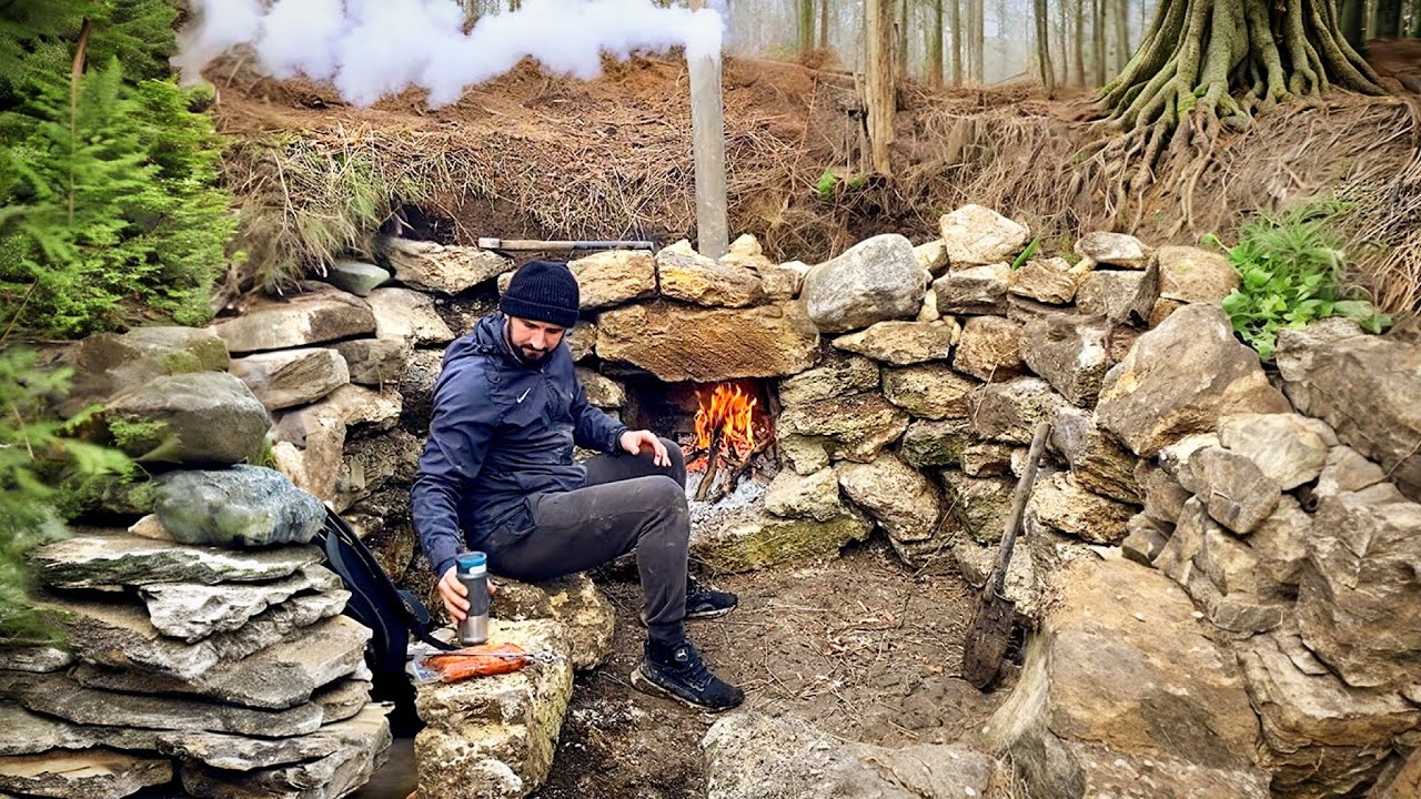 Building a secret shelter | dugout made of stones - YouTube