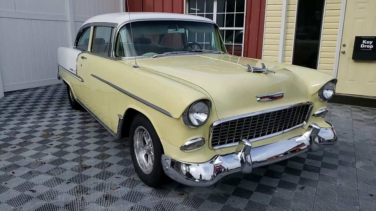1955 chevy 210 bel air yellow and white 350/330 hp crate - YouTube