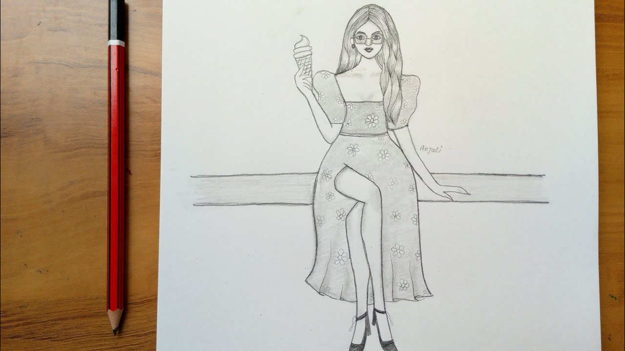 beautiful girl drawing with hand holding iscream Easy pencil drawing ...