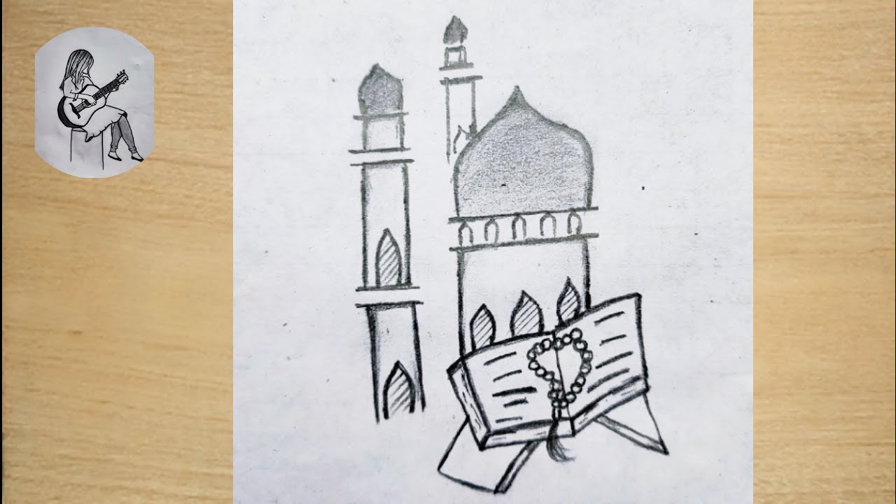 How to draw quran with mosque | Easy ramadan sketch - YouTube