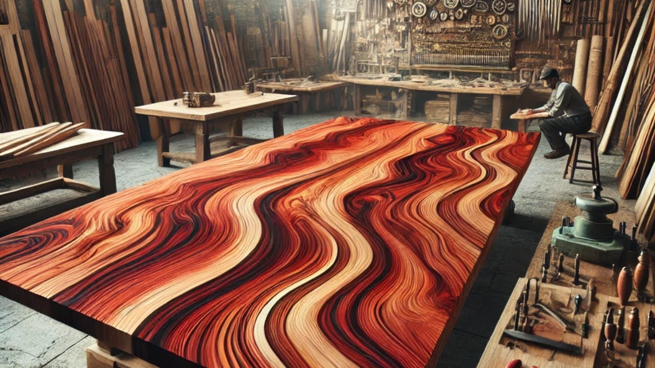 wood processing, expensive wood is processed into unique tables ...