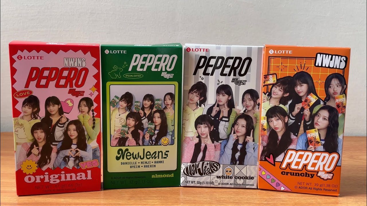 뉴진스 x 빼빼로 trying Pepero snack (Original, Almond, Crunchy, White Cookies ...