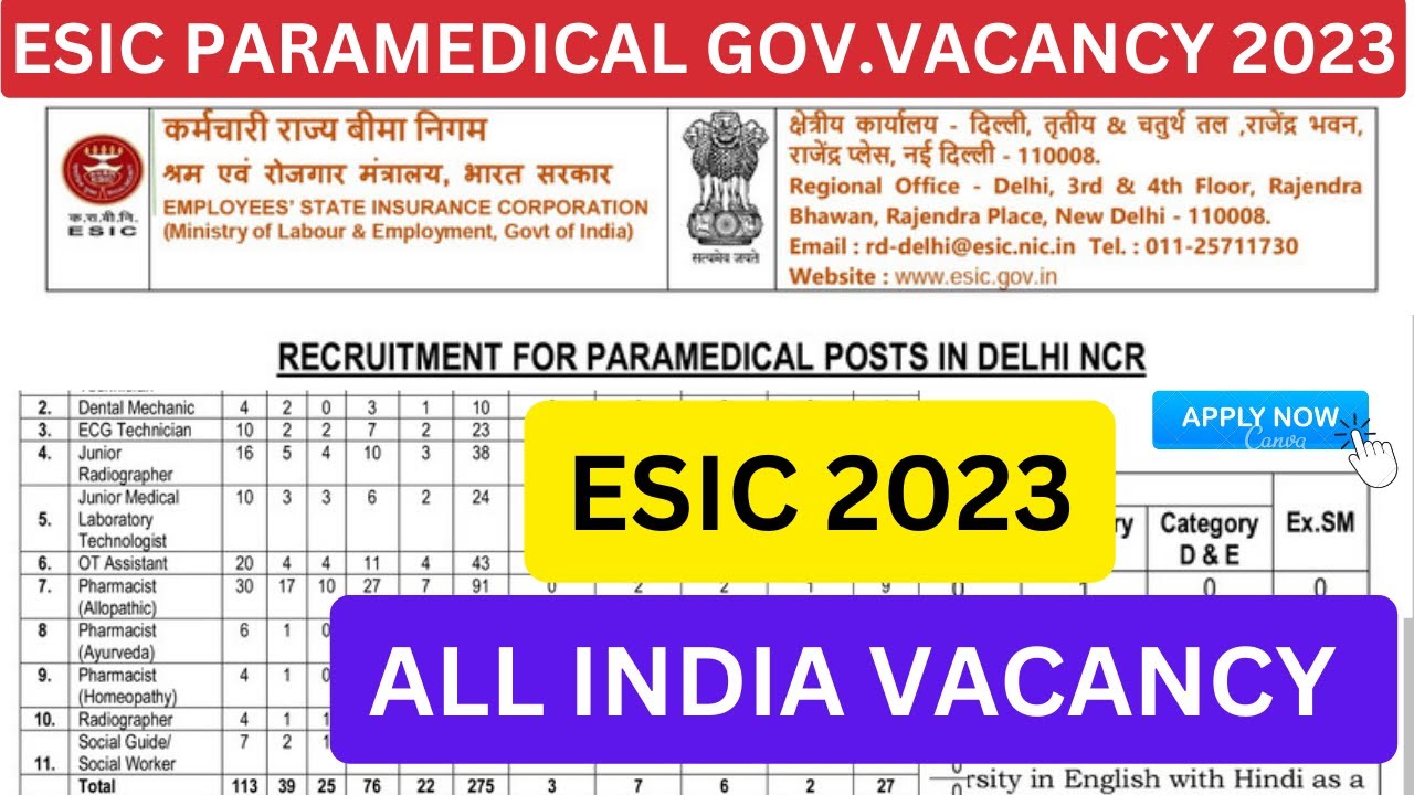 ESIC Paramedical Vacancy 2023 || Pharmacist Vacancy 2023 || ESIC ...