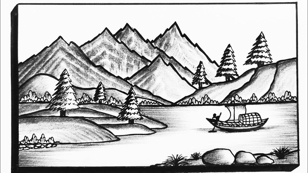How To Draw Mountain Scenery Drawing||Simple Landscapes Drawing||Very ...