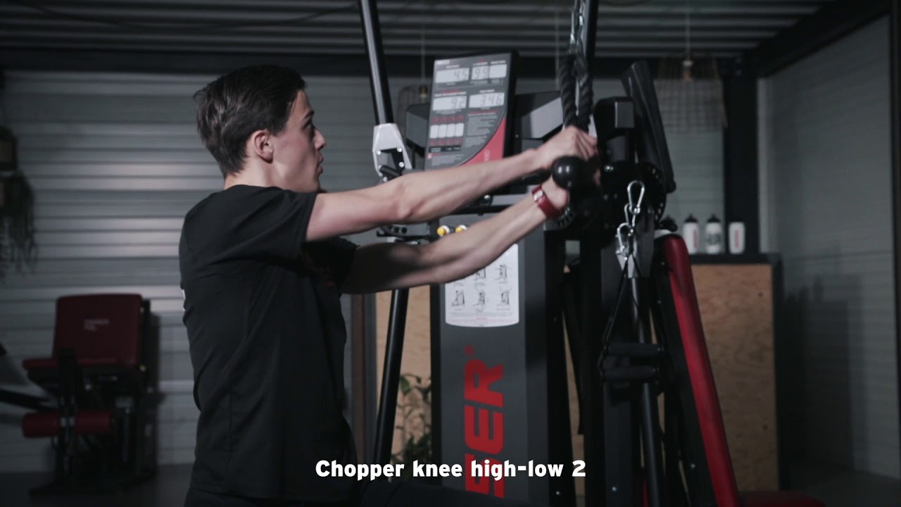 Exercise 141: pillar strength rope chopper knee high-low 2 | Keiser ...