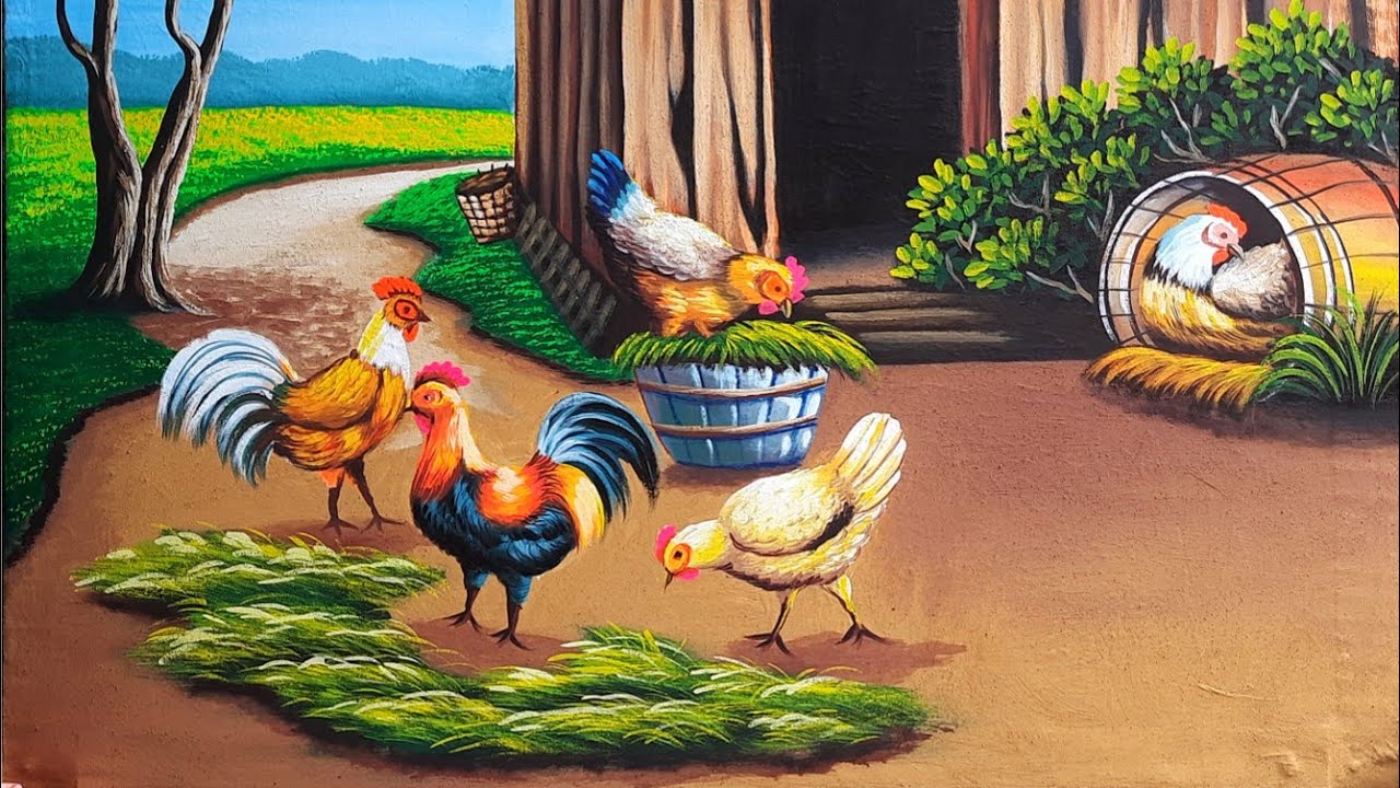 Village chicken farmhouse painting | nature drawing painting - YouTube