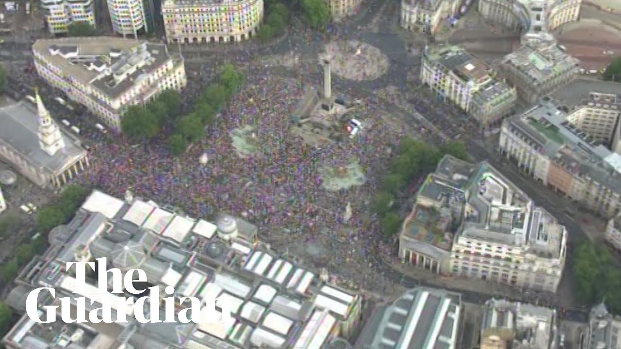 Aerial shots show scale of Trump protest in Trafalgar Square - YouTube