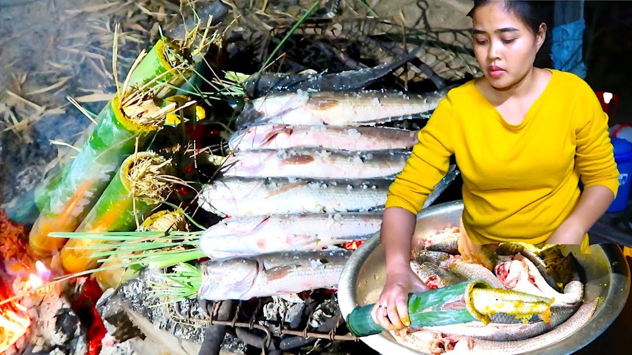 Fish Cooked in Bamboo Tube & Fried Chicken with Lemongrass for Dinner ...