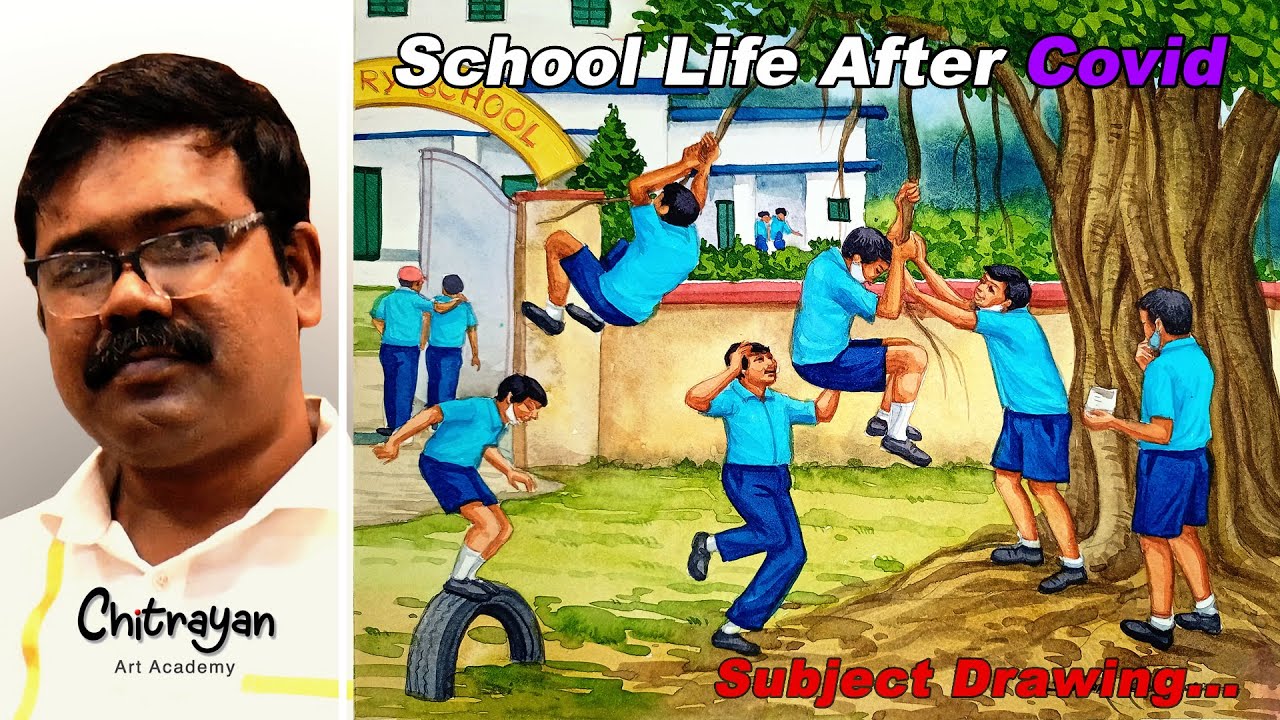 School Reopen Drawing/School Covid Time Drawing Watercolor/Safety From ...