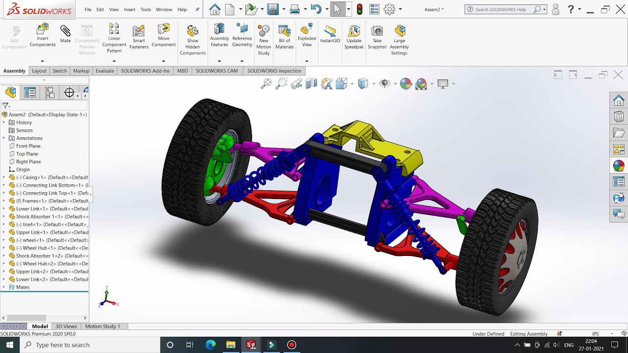 double wishbone suspension assembly in solidworks | - YouTube