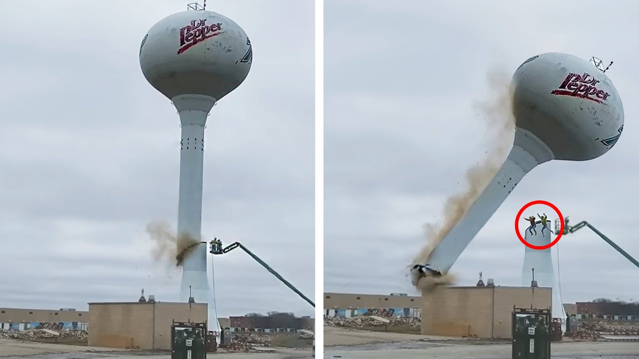Demolition Idiots: Massive Silo & Water Tower Fall WRONG WAY ...