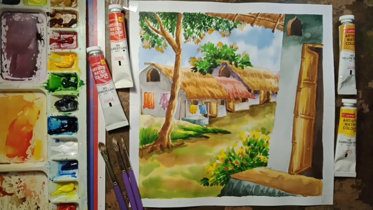 How to draw beautiful simple easy Bengali village picture on watercolor ...