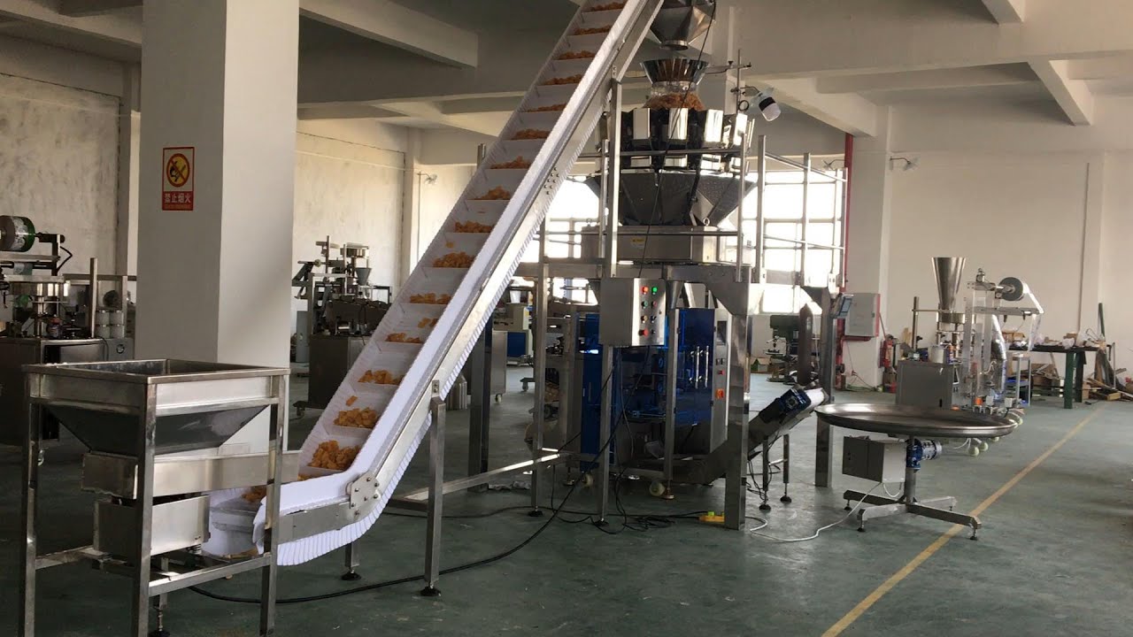 Electronic scale packaging machine - multi-head scale + elevator + platform - YouTube