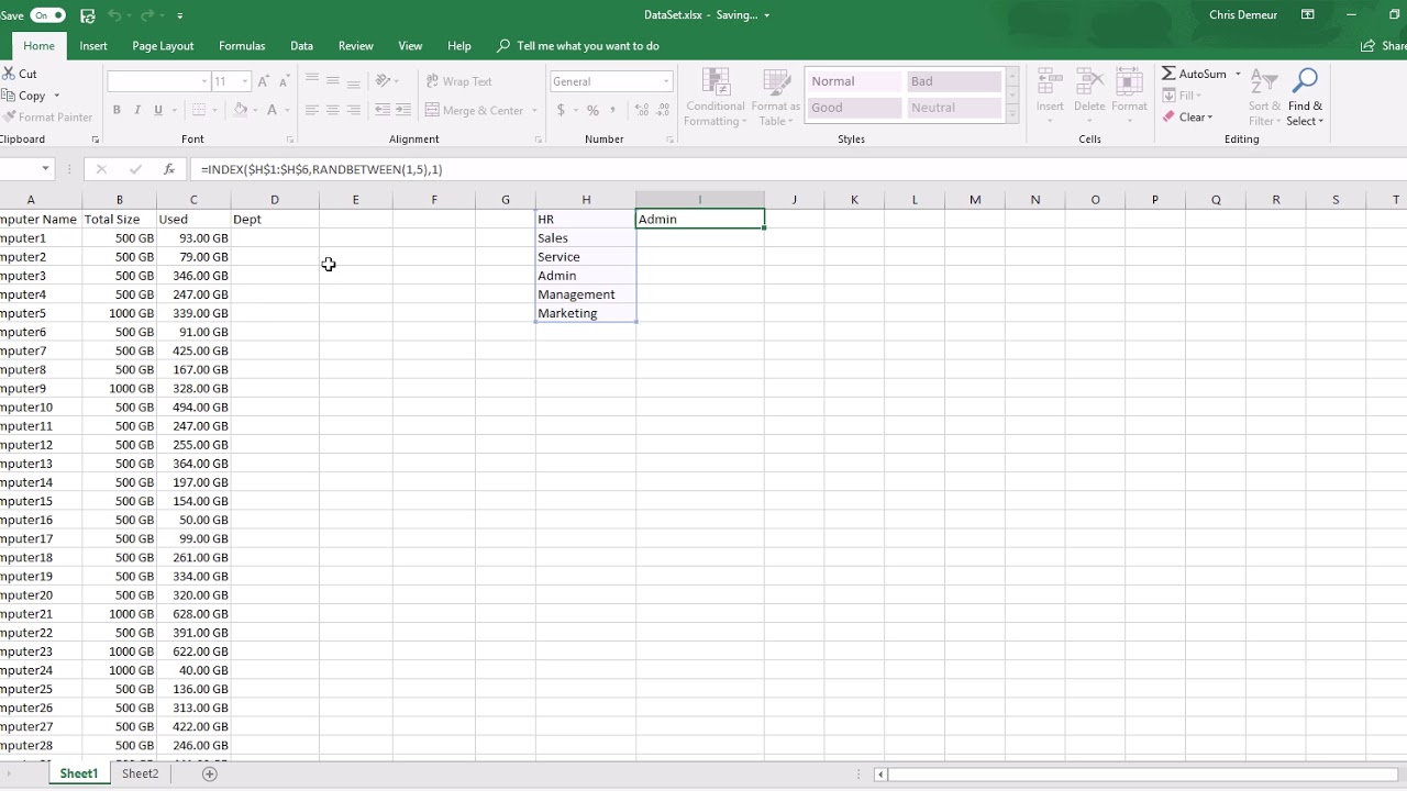 Excel Index and RandBetween - YouTube