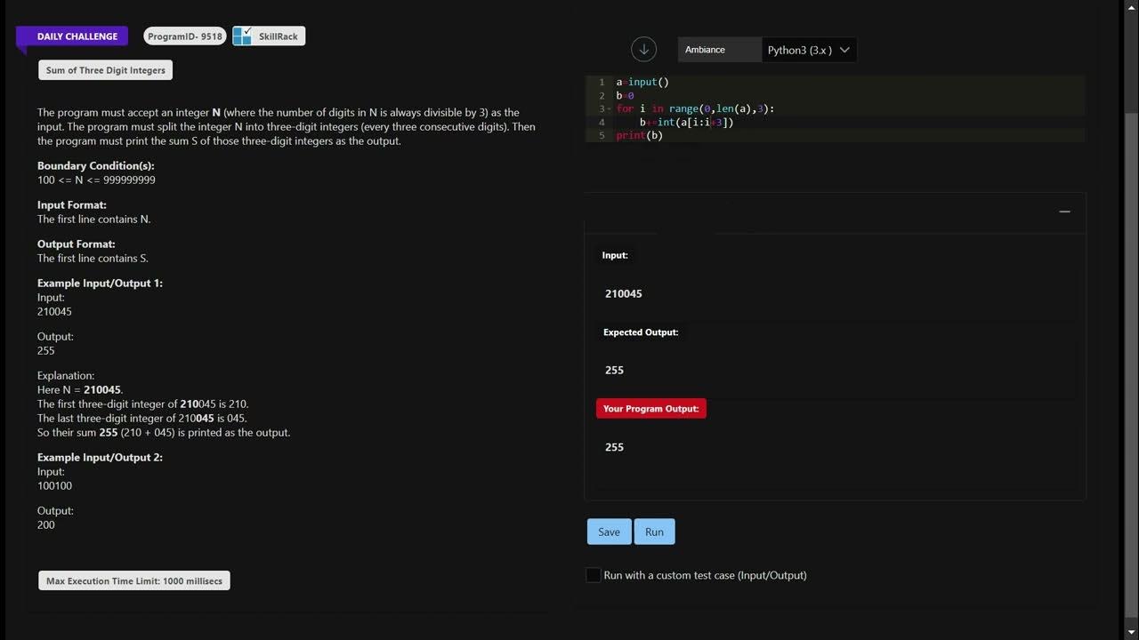 SKILLRACK | DAILY CHALLENGE | 19/11/2023 || SUM OF THREE DIGIT INTEGERS | PROGRAM ID 9518 ...