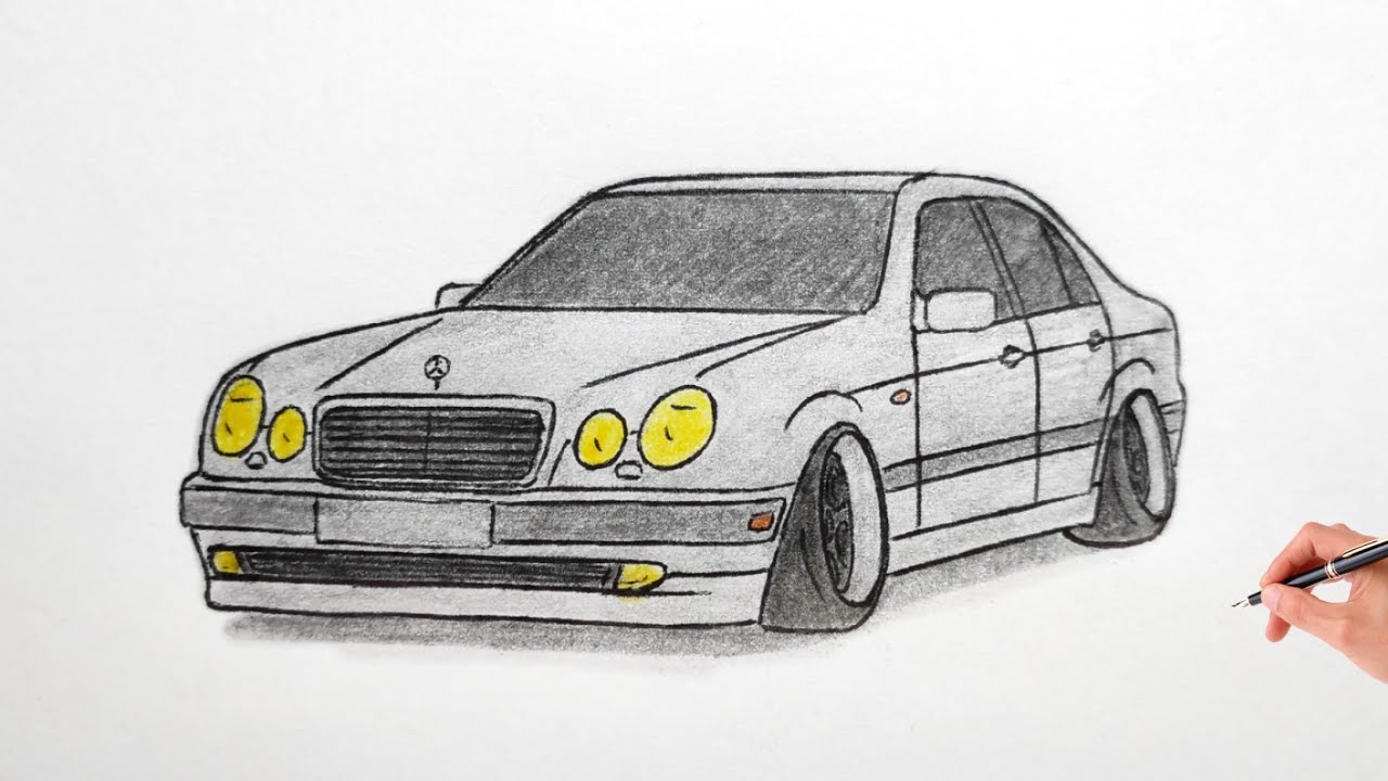 How to draw a MERCEDES-BENZ W210 E55 AMG / drawing a 3d car / coloring ...