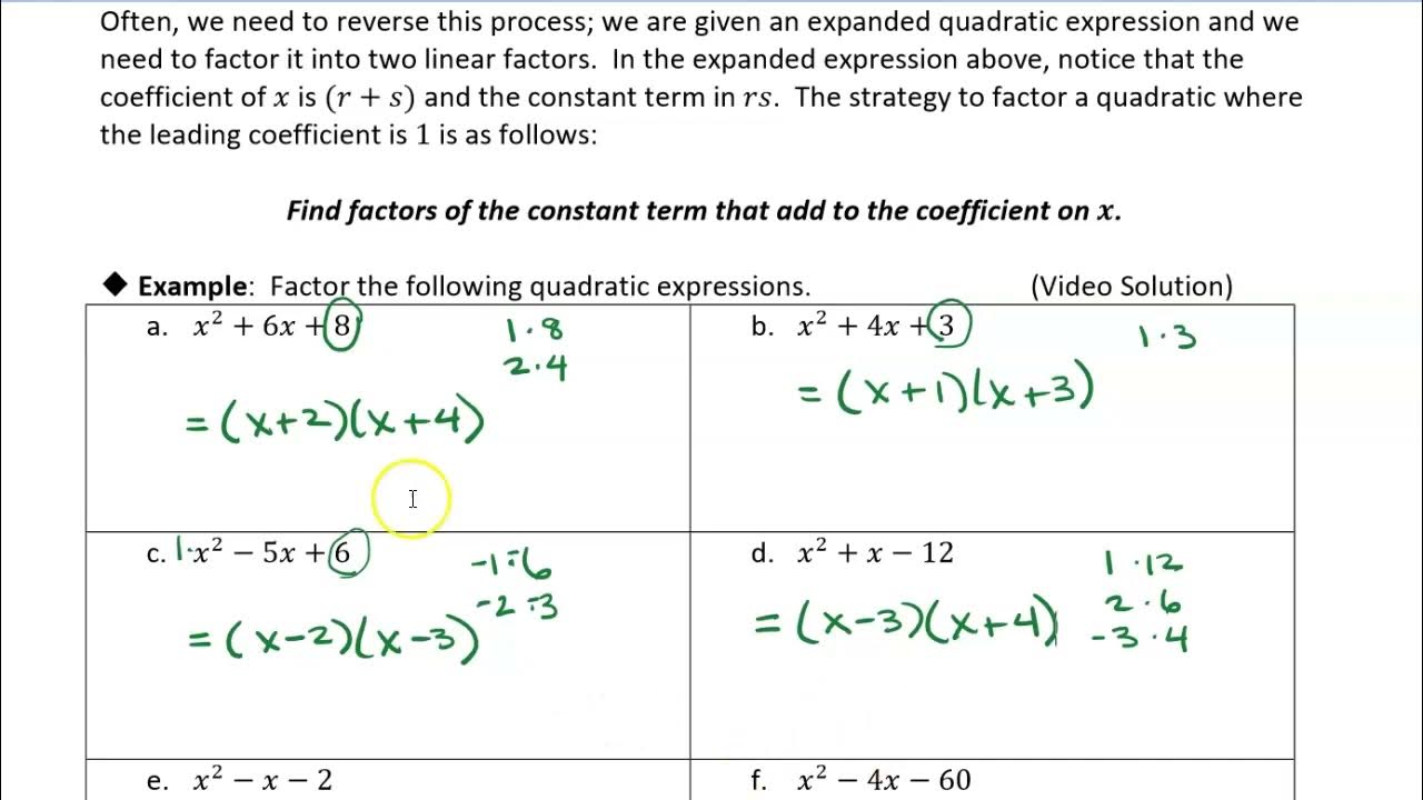 Skill Refresher 1B: Factor Quadratic w/Leading Coef. of 1 - YouTube